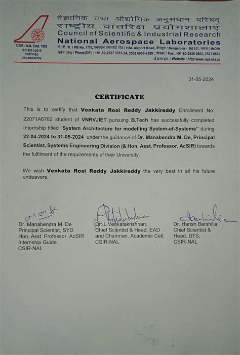 Venkata Rosi Reddy Jakkireddy On Linkedin Internship Csirnal
