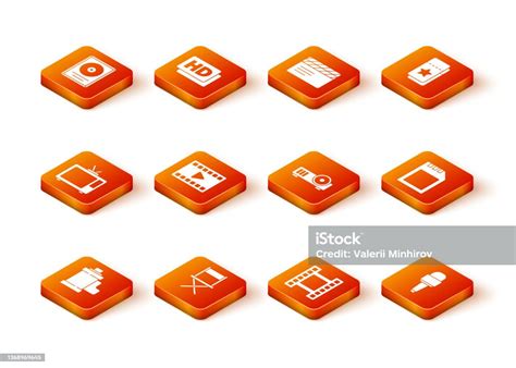 카메라 필름 롤 카트리지 감독 영화 의자 복고풍 Tv 비디오 재생 미디어 프로젝터 마이크 및 Sd 카드 아이콘설정 벡터 3차원 형태에 대한 스톡 벡터 아트 및 기타 이미지