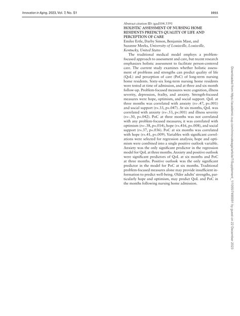 Pdf Holistic Assessment Of Nursing Home Residents Predicts Quality Of