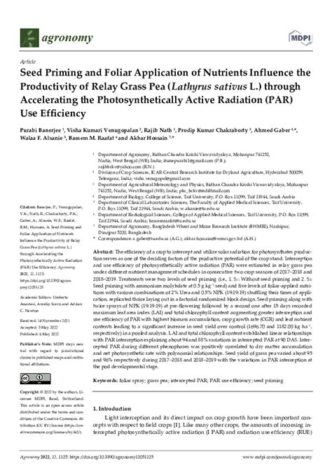 Pdf Seed Priming And Foliar Application Of Nutrients Influence The