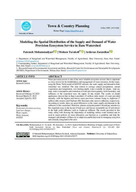 Pdf Modeling The Spatial Distribution Of The Supply And Demand Of Water Provision Ecosystem