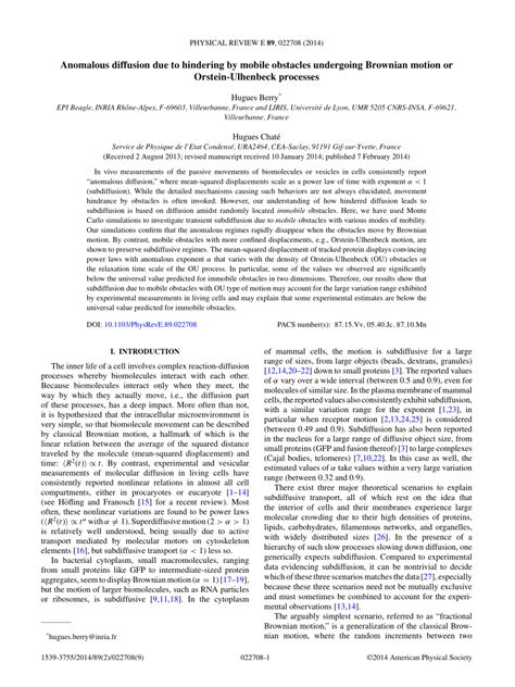 Pdf Anomalous Diffusion Due To Hindering By Mobile Obstacles