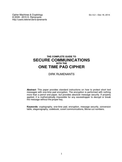 Secure Communications One Time Pad Cipher Dirk Rijmenants Pdf Cryptography Encryption