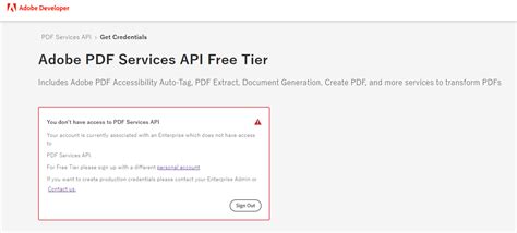adobe pdf services api free tier is not available adobe product