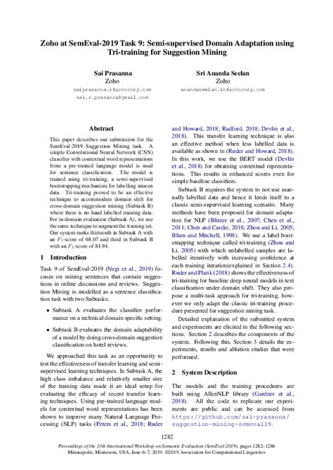 Pdf Zoho At Semeval 2019 Task 9 Semi Supervised Domain Adaptation Using Tri Training For