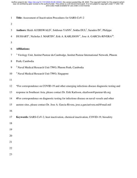 Pdf Assessment Of Inactivation Procedures For Sars Cov 2