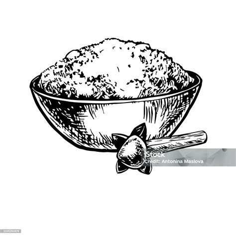 그릇에 으깬 정향 향신료 향기로운 향신료의 이미지를 가진 벡터 그래픽 손으로 그린 흑백 일러스트 흰색 배경에 요리 레시피 메뉴 포스터 또는 라벨에 적합합니다 0명에 대한