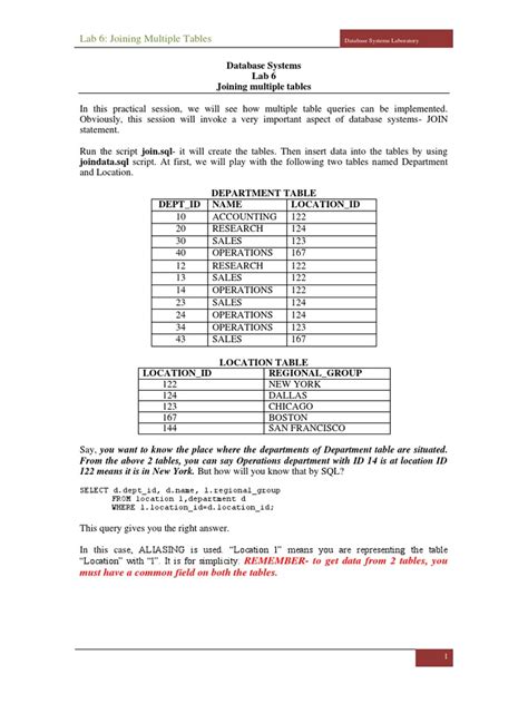 Database Systems Lab 6 Joining Multiple Tables Pdf Information