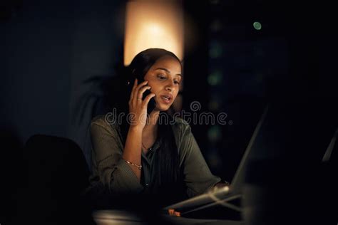 Woman Phone Call And Feedback At Night For Business With Laptop For Research Email Or Report