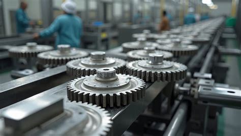 Precision Metal Gears In Motion On Automated Assembly Line In Clean Factory Setting Stock