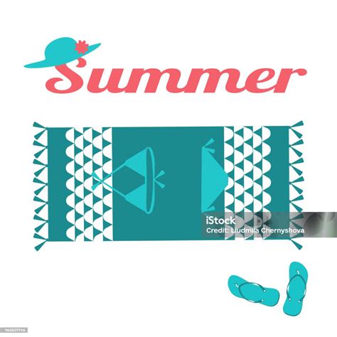 여름 크리에이 티브 디자인 서식 파일입니다 비치 타 올 수영복 슬리퍼 모자 벡터 그림을 흰색 배경에 고립입니다 0명에 대한 스톡 벡터 아트 및 기타 이미지 Istock