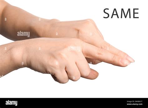 Woman Showing Word Same On White Background Closeup American Sign Language Stock Photo Alamy