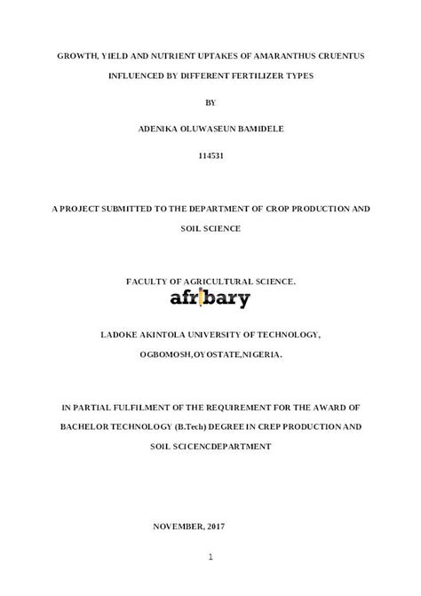 Growth Yield And Nutrient Uptakes Of Amaranthus Cruentus Influenced By Different Fertilizer
