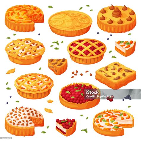 달콤한 과일 채우기와 크림 벡터 세트로 패스트리 반죽으로 만든 구운 파이 과일에 대한 스톡 벡터 아트 및 기타 이미지 과일