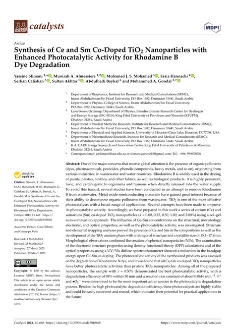 Pdf Synthesis Of Ce And Sm Co Doped Tio2 Nanoparticles With Enhanced Photocatalytic Activity