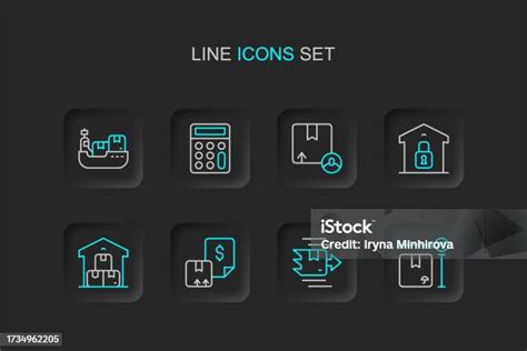 라인 골판지 상자 측정 판지 판지 운송장 전체 창고 폐쇄 계산기 및 상자 배달 아이콘이있는 화물선을 설정합니다 벡터 가득 찬에 대한 스톡 벡터 아트 및 기타 이미지 Istock