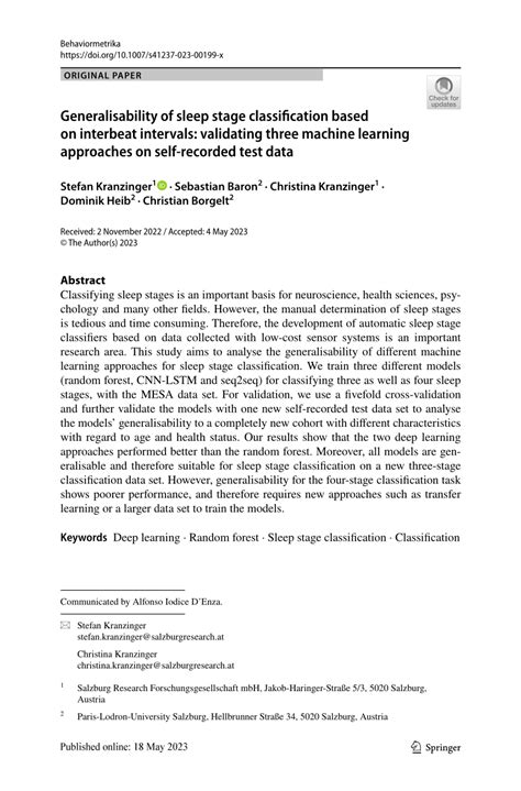 Pdf Generalisability Of Sleep Stage Classification Based On Interbeat Intervals Validating