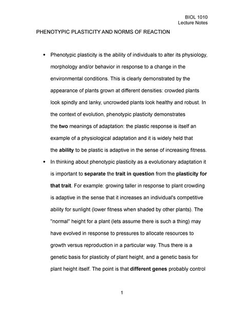 2021 Biol1010 Evol And Diversity Lecture Notes Phenotypic Plasticity