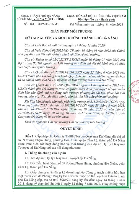 Công ty TNHH Toyota Okayama Đà Nẵng nhận Giấy Phép Môi Trường của Sở