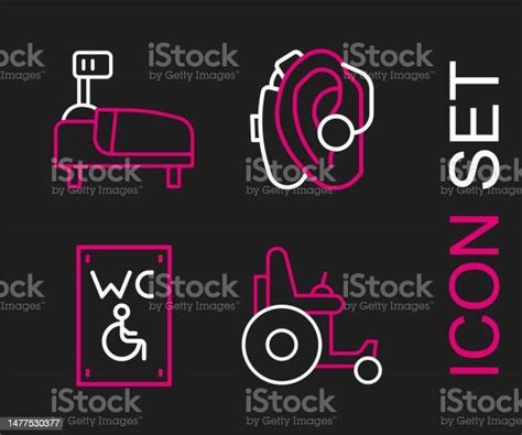 세트 라인 전동 휠체어 장애인을 위한 분리된 화장실 보청기 및 병원 침대 아이콘 벡터 건강 진단에 대한 스톡 벡터 아트 및 기타
