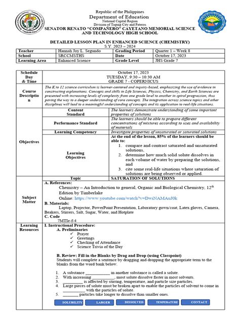 Saturated And Unsaturated Solutions Lesson Plan For Class Observation