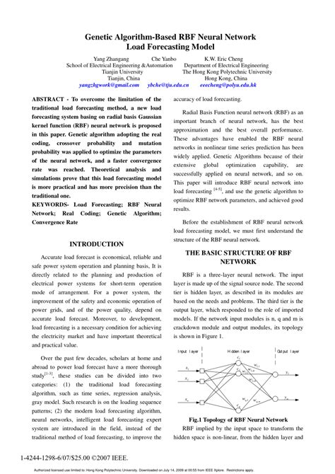 pdf genetic algorithm based rbf neural network load forecasting model