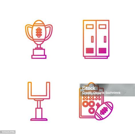 세트 라인 계획 전략 개념 미식 축구 목표 포스트 수상 컵과 미식 축구 공과 사물함 또는 축구 농구 팀 또는 노동자를위한 탈의실 그라데이션 색상 아이콘입니다 벡터 1위에