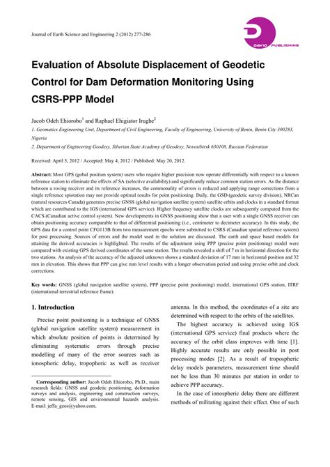 pdf evaluation of absolute displacement of geodetic control for dam