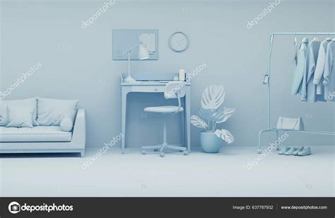 Blue Monochrome Minimal Office Table Desk Clothes Hanging Rack Plants