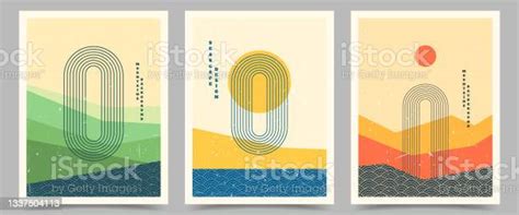 벡터 그림입니다 바우하우스 중반 세기 현대 그래픽 60 년대 복고풍 펑키 그래픽 그런지 텍스처 미니멀 한 풍경 세트 추상 적인 모양입니다 포스터 책 표지 잡지 브로셔를 위한