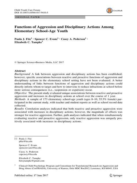 Fite Et Al 2017 Cycf Functions Of Aggression And Disciplinary Actions In School Age Youth
