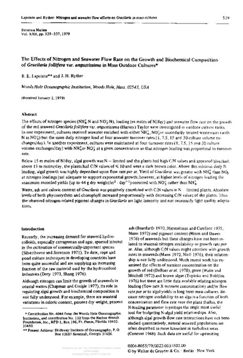 Pdf The Effects Of Nitrogen And Seawater Flow Rate On The Growth And Biochemical Composition