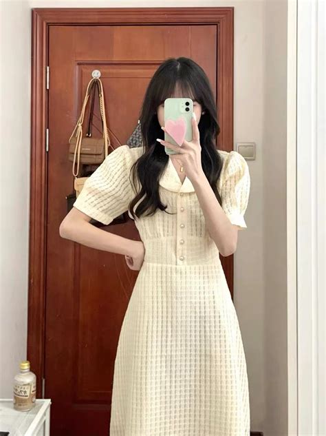 프렌치 트위드 체크 무늬 여름 브이넥 A 라인 미디 원피스 러블리벚꽃룩데이트룩여친룩