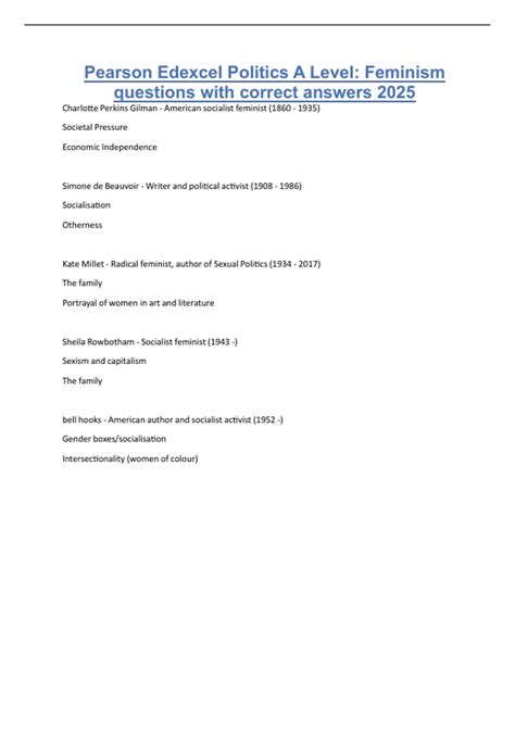 Pearson Edexcel Politics A Level Feminism Questions With Correct