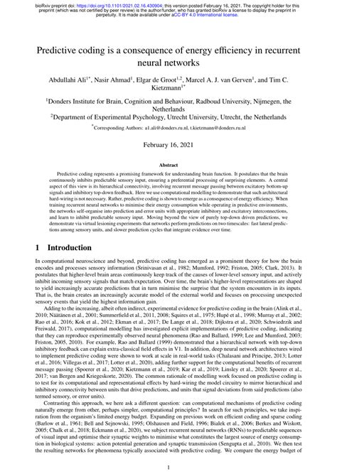 PDF Predictive Coding Is A Consequence Of Energy Efficiency In Recurrent Neural Networks