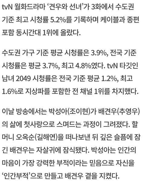♦️견우와 선녀 3화 최고 시청률 5 2 지상파 포함 동시간대 1위 팬마음 커뮤니티