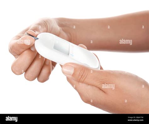 Woman Testing Glucose Level With Digital Glucometer On White Background Diabetes Concept Stock