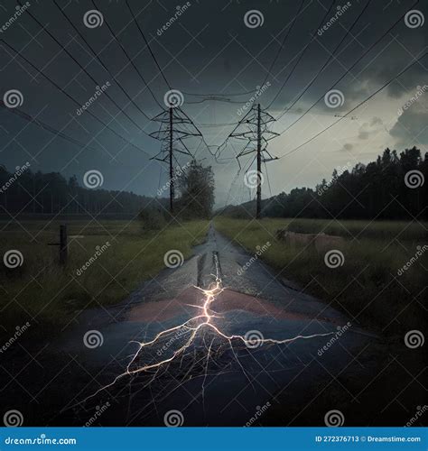 Broken Power Line On Ground With Sparks Due To Lightning And Rain Stock Illustration