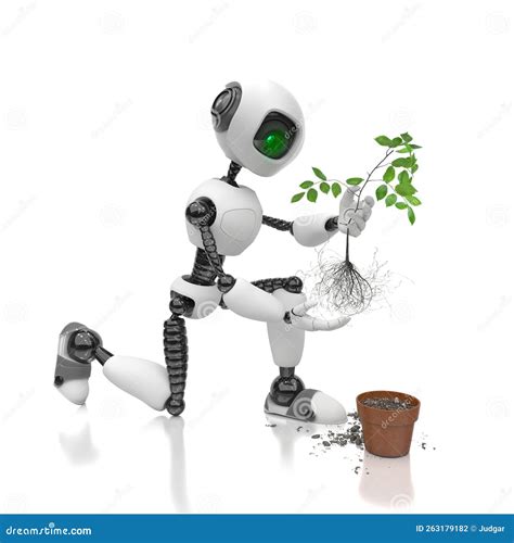 Robot Humanoid Plants A Seedling In A Flowerpot On A White Background Future Concept With Smart