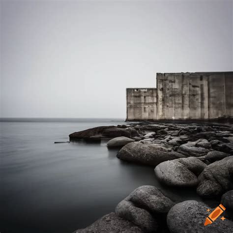 Wide Shot Of An Abandoned Brutalist Harbor On A Rocky Beach Under A
