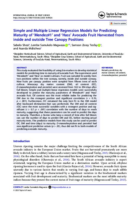 Pdf Simple And Multiple Linear Regression Models For Predicting Maturity Of ‘mendez1 And