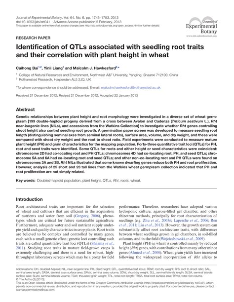Pdf Identification Of Qtls Associated With Seedling Root Traits And