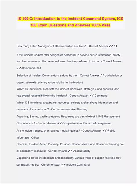 Is 100c Introduction To The Incident Command System Ics 100 Exam