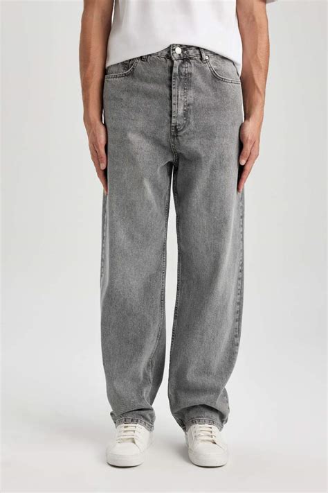 رمادي رجالي بنطلون جينز باجي فيت وايد ليج وخصر عادي 2936664 Defacto