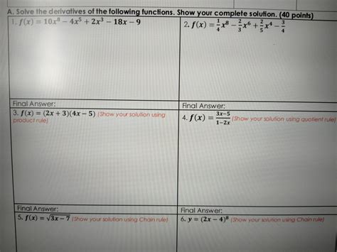 Solved A Solve The Derivatives Of The Following Functions Show Your Complete Solution