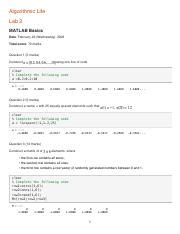 Lab2 Solution Pdf Algorithmic Life Lab 2 MATLAB Basics Date February 22 Wednesday 2023 Total