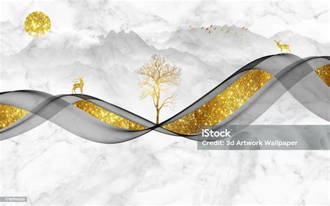 현대 캔버스 아트 벽화 벽지 풍경 대리석 흰색 배경에 황금색과 회색의 곡선 선 태양 구름이 있는 나무 3d 프레임 벽 예술 0명에 대한 스톡 사진 및 기타 이미지 Istock