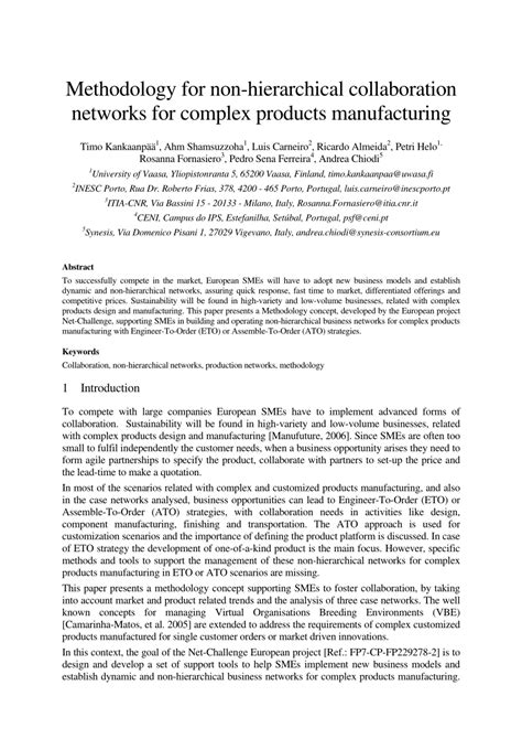 Pdf Methodology For Non Hierarchical Collaboration Networks For Complex Products Manufacturing