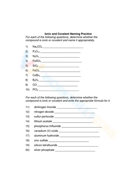 Covalent Compound List Worksheet