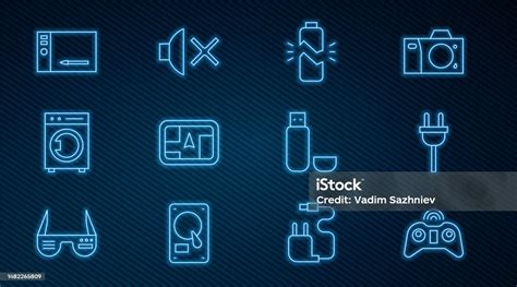 라인 무선 게임 패드 전기 플러그 깨진 배터리 지도 와셔 그래픽 태블릿 Usb 플래시 드라이브 및 스피커 음소거 아이콘이있는 Gps 장치를 설정하십시오 벡터 Brand